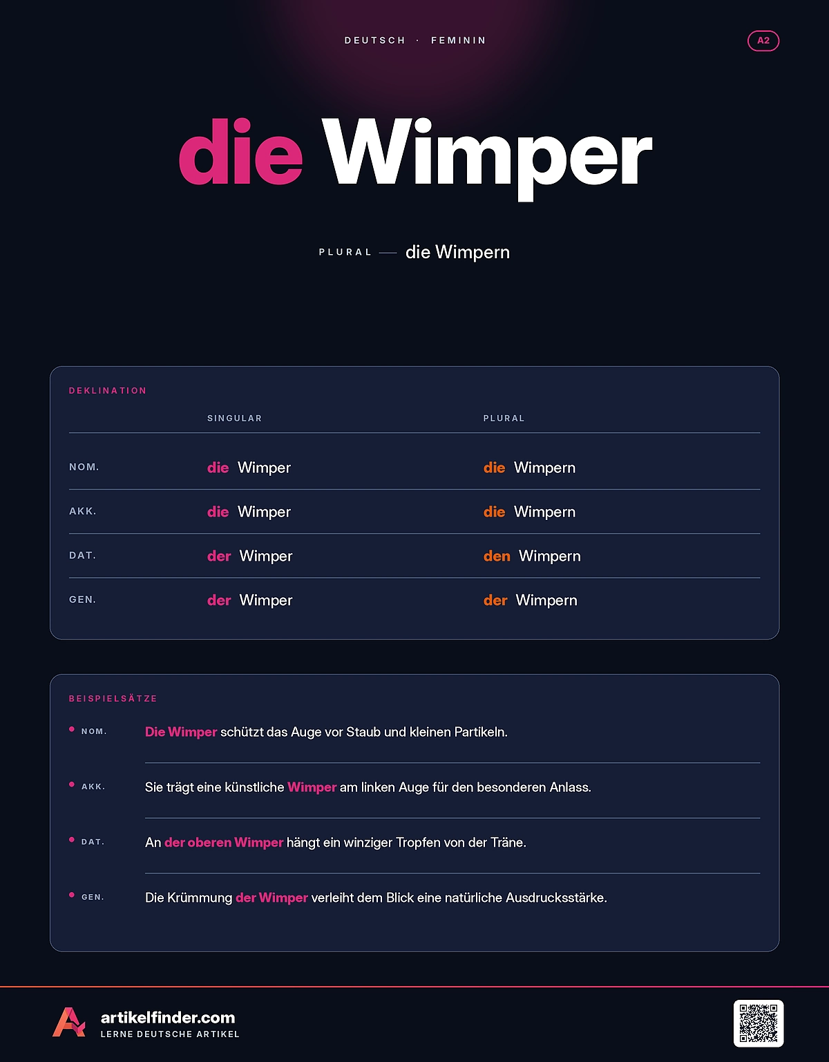 Die Wimper: Artikeli, Çoğulu ve Çekim Tablosu